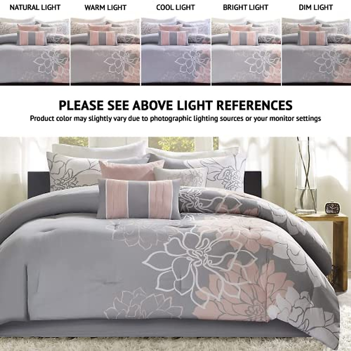 Madison Park Lola Sateen Cotton Comforter Set-Casual Medallion Floral Design All Season Down Alternative Bedding, Shams, Bedskirt, Decorative Pillows, Queen, Grey/Blush 7 Piece