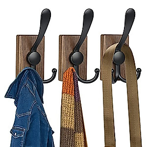WYTAOHZL 3PCS Coat Hooks Wall Mounted Tri Hooks Wall Coat Rack Large Matte Metal Black Coat Hooks for Wall Heavy Duty Walnut Coat Rack Hooks with 3 Hooks for Coat Hat Towel Mudroom Bathroom Entryway