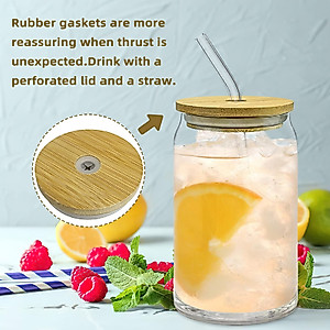 16 OZ Glass Cups with Bamboo Lids and Glass Straws - 12pcs Set Beer Shaped Drinking Glasses, Iced Coffee Cups, Cute Tumbler Cup for Smoothie, Boba Tea, Whiskey, Water