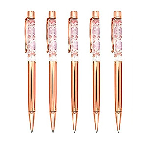Gullor 5 Pieces Liquid Floral Ballpoint Pens for Gift, Fancy Metal Unique Flower Set for Desk Accessories, Rose gold
