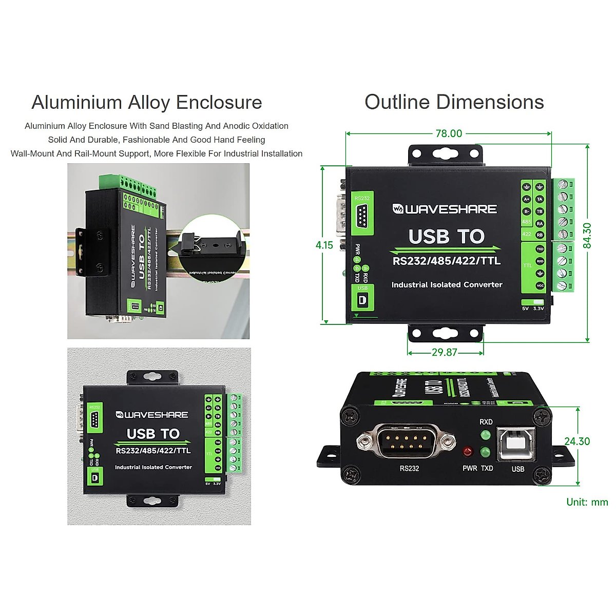 USB to RS232/485/422/TTL Converter Adopt Original FT232RNL Chip, Industrial Isolated USB Converter with Multiple Protection, Support Multi Communication Interface Conversion and Multi System