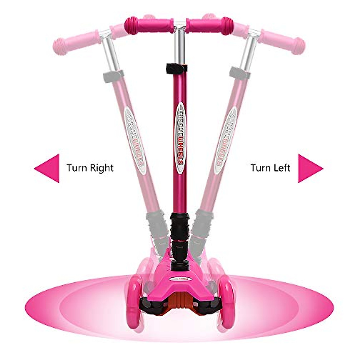 ChromeWheels Scooters for Kids, Deluxe Kick Scooter Foldable 4 Adjustable Height 132lbs Weight Limit 3 Wheel, Lean to Steer LED Light Up Wheels, Best Gifts for Girls Boys Age 3-12 Year Old, Pink