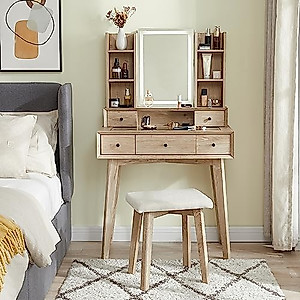 T4TREAM Vanity Desk with Mirror and Lights,Makeup Vanity Table Set with Visual Drawers,Cushioned Stool and 3 Color Lighting Modes,32 inch Dressing Table for Bedroom Women Girls,Natural Oak