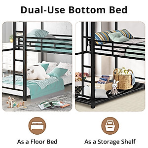 INCLAKE Metal Triple Bunk Bed, L-Shaped Bunk Bed for 3, Twin Size Bunk Bed Frame with Full-Length Guardrails & Long & Short Ladders, Space Saving Bunk Bed for Children, No Box Spring Needed, Black