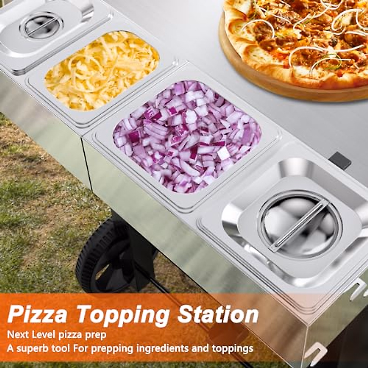BBQMall Pizza Topping Station for Grill Cart, Universal Condiment Serving Container for Outdoor Grill Stand, Stainless Steel Seasoning Containers with Lid, 4 Compartment Trays for Prepping Ingredients