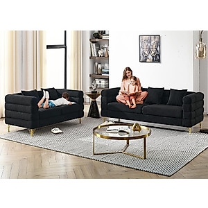 81-inch Couches + 60-inch Loveseat Sofa for Living Room, Set of 2 Modern Teddy Fabric Upholstered Sofa Couch with Square Arm and 4 Golden Metal Legs for Living Room, Office, Apartment, Black