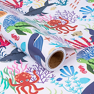 LeZakaa Ocean Wrapping Paper Roll - Cartoon Design of Ocean, Whale, Turtle, Sea Creature for Birthday, Baby Shower, Holiday Party for Boys Girls Kids - 17 inches x 32.8 Feet (46.45 sq.ft.)