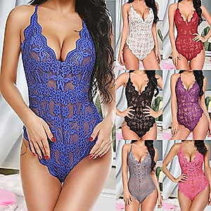 Qopobobo Sexy Lengerie for Women Naughty Women One Piece Lingerie Deep V Teddy Lace Bodysuit Hollow Sexy Halter Sleepwear Purple