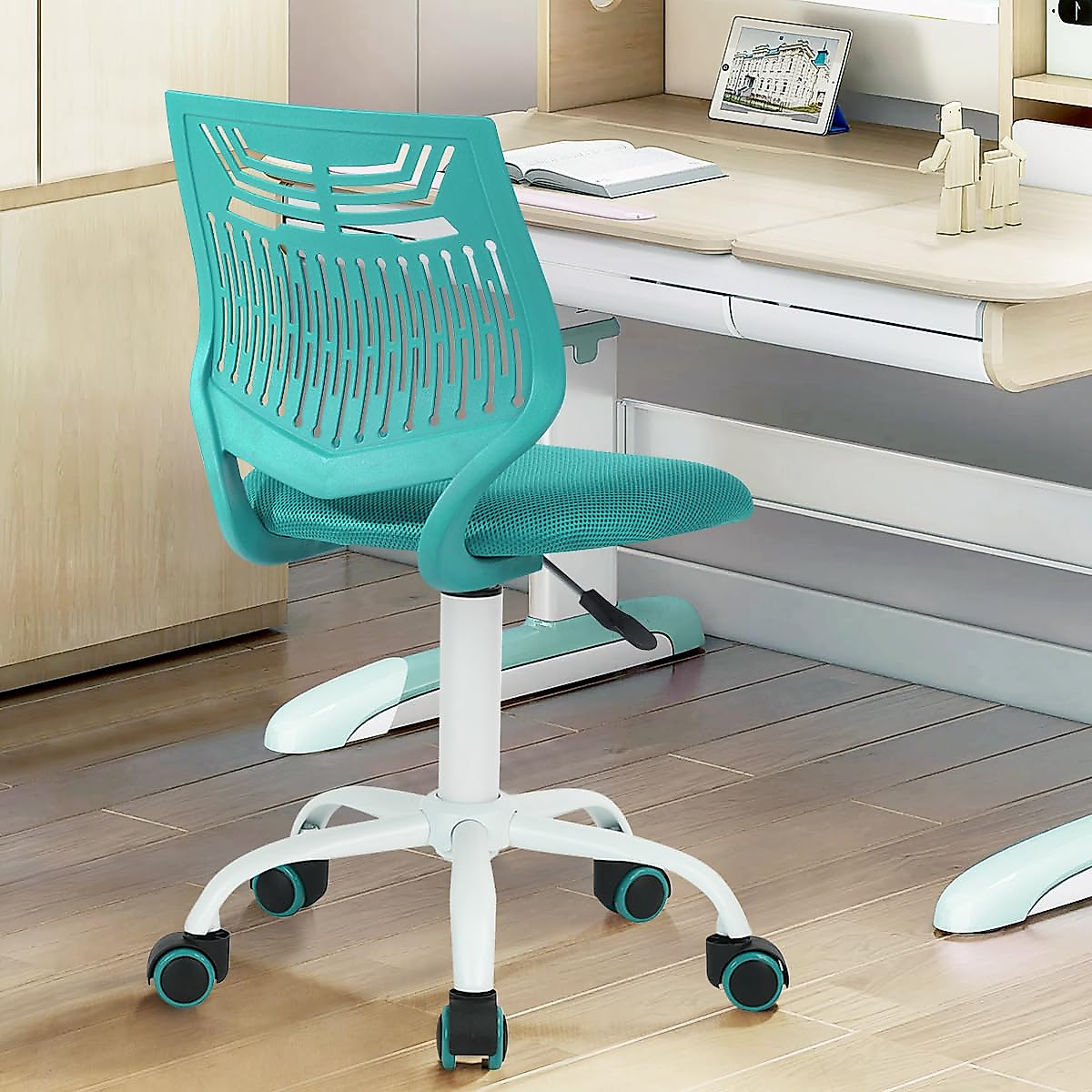 FurnitureR Desk Chair Armless Home Office Task Chair with Mesh Padded Cushion Swivel Study Chair with Rolling Wheels for Kids Teens Children, Turquoise