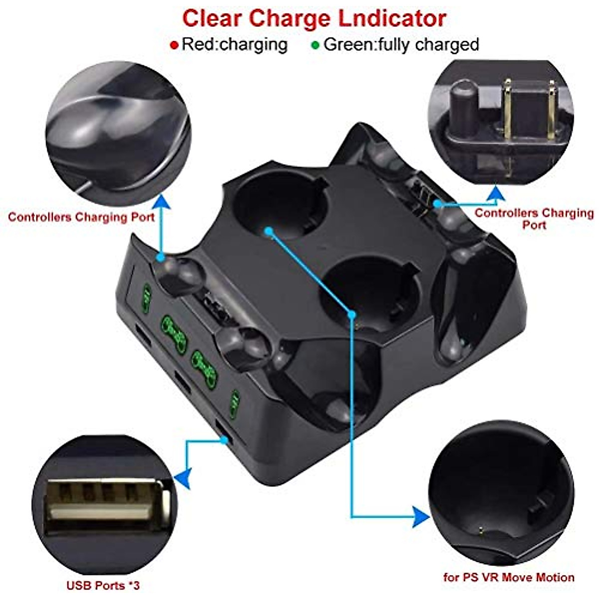 Hdiwousp PS4 Controller Charger Station,4 in 1 PS Motion Move Charging Station, Fast Charging Dock Station Wireless Multi Controller Compatible with PS4 VR Playstation 4 Slim Pro,with LED Indicator