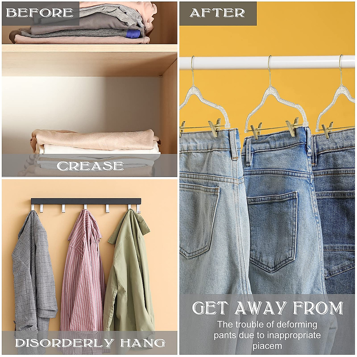 Hoolerry 10 Pcs Clear Hangers with Clips Acrylic Glitter Hangers 17 x 8 Inches Plastic Skirt Pants Hangers with Non Slip Notches Adjustable Clips Coat Hanger for Clothes Skirt Trousers Jeans (Gold)