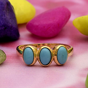 Trio Stone Oval Cab Turquoise Gemstone 14 kt Gold Plated Sterling Sold Silver Vintage Ring December Birthstone Ring (12)