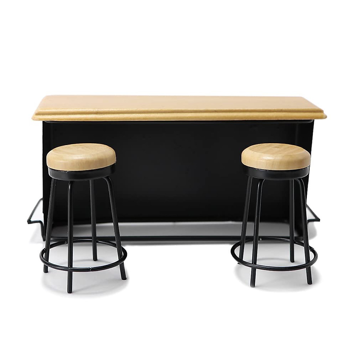 Dollhouse Furniture Metal Bar Table & Chair with Wood Top Pub Set 1:12 Scale Miniature Accessories Bar Counter Stool Mini Dining Coffee Table Model Layout Props Desktop Decor
