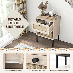 Giantex Rattan Nightstands with Drawer Set of 2, Boho Side Tables with 4 Metal Legs and Open Storage Shelf, Farmhouse Night Stands for Small Spaces, 2 Tier Bedside Tables for Bedroom Office, Oak