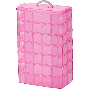 Sooyee 7 Layers Stackable Storage Container, 70 Adjustable Compartments Stackable Storage Container for Kids Toys, Art Crafts, Jewelry, Supplies, Mini Case & Letter Sticker Included,Pink