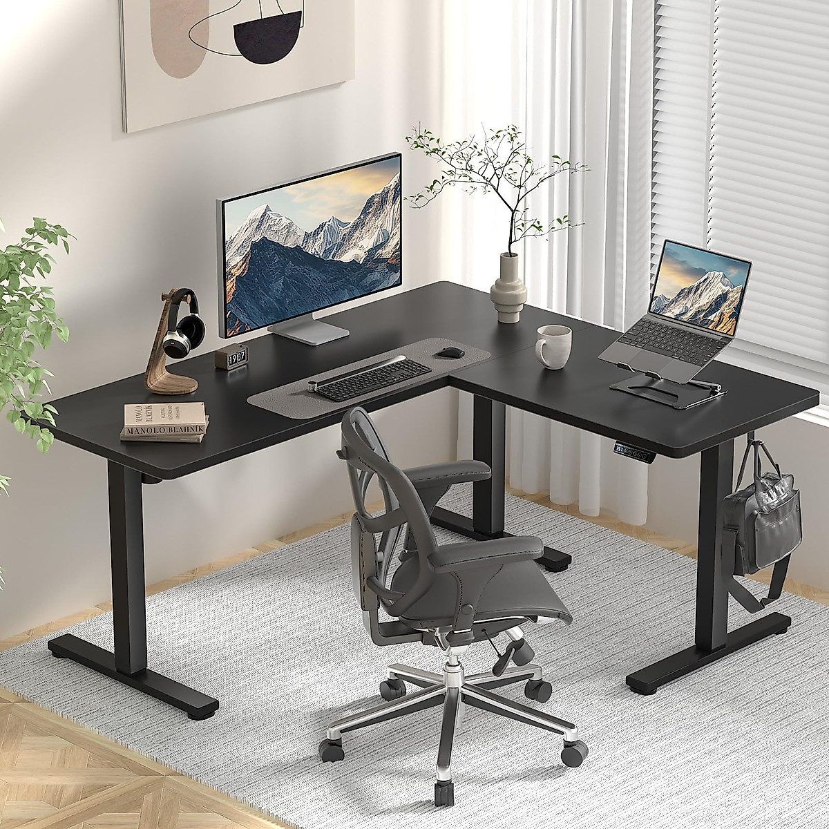 XINYAO L Shaped Standing Desk Adjustable Height 63 x 55 Corner Standing Desk Electric Sit Stand Up Computer Desk L Shaped for Gaming Working Studying Coner Workstation Office Home (Black)