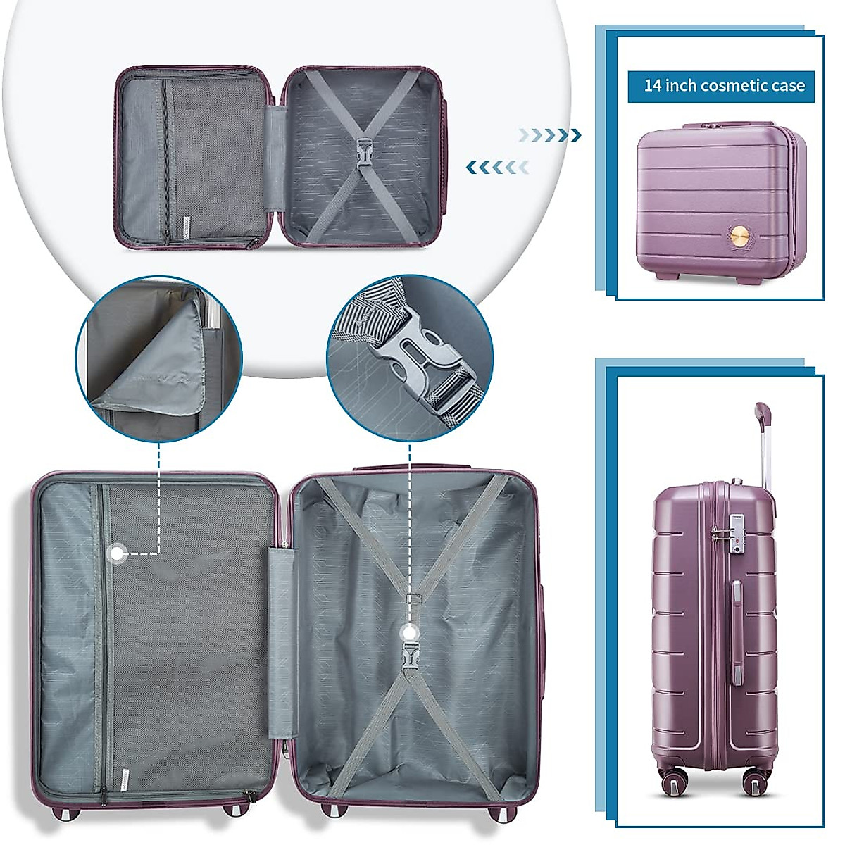 Somago Luggage Sets 3 Piece Spinner Hardside PP Suitcase with TSA Lock 4 Piece Set with 6 Set Packing Cubes for Travel (Elegant Purple)