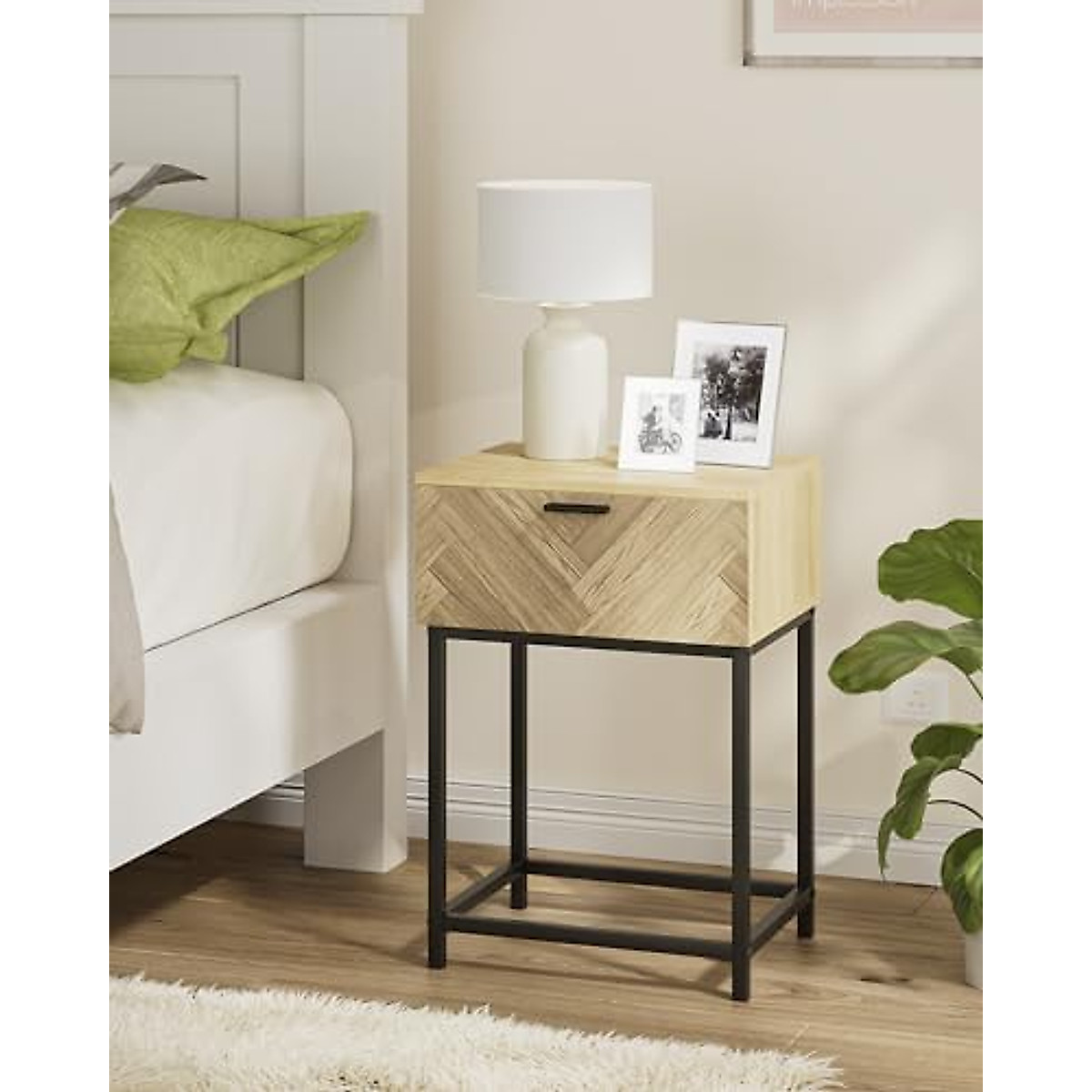 Masupu Nightstand,Bedside Tables with Storage Drawer,Tall Nightstand with Herringbone Pattern,Bedside Furniture,Small Side Table for Small Spaces, Bedroom, Living Room, Rustic Oak