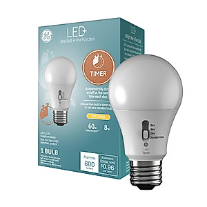 GE LED+ Timer A19 LED Light Bulbs, Built-in Automatic Indoor Timer Light, 8W, Soft White (1 Pack)