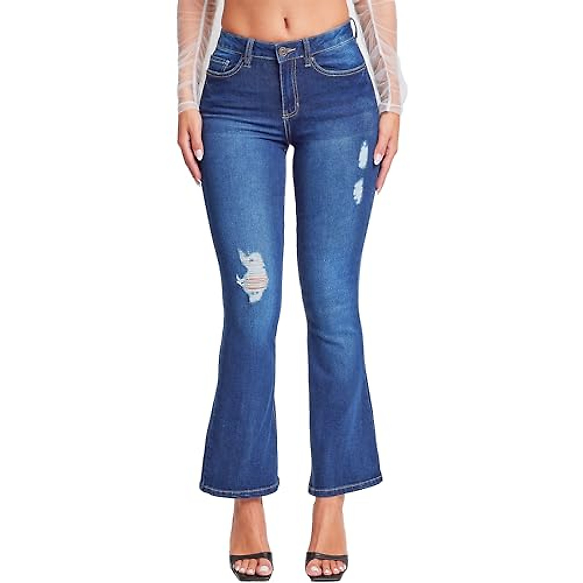 YMI Junior Women's Classic High Waisted Bell Bottom Denim Jeans (Dark wash denim,13)