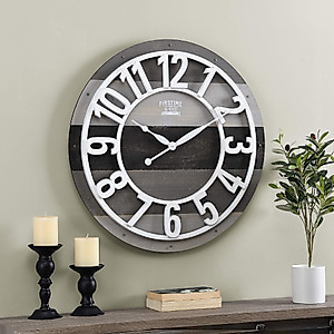FirsTime & Co. Gray Shabby Planks Wall Clock, Large Vintage Decor for Living Room, Home Office, Round, Wood, Farmhouse, 27 inches