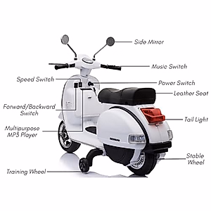 Best Ride On Cars Vespa Scooter, 12V Battery Powered Ride On Car - Electric Scooter for Kids with Leather Seat, Real Lights & Sounds, USB/AUX/SD Slot, Ages 2-5 Years Old, White, Large