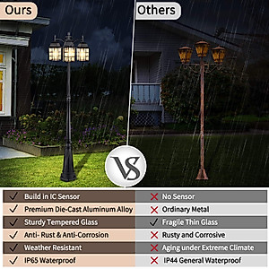 3-Head Outdoor Lamp Post Light Fixture, Dusk to Dawn Aluminum Post Lights Hard Wired, Sensor Pole Lights for Yard, Street Light Posts for outside with Water Ripple Glass Shade, E26 Base