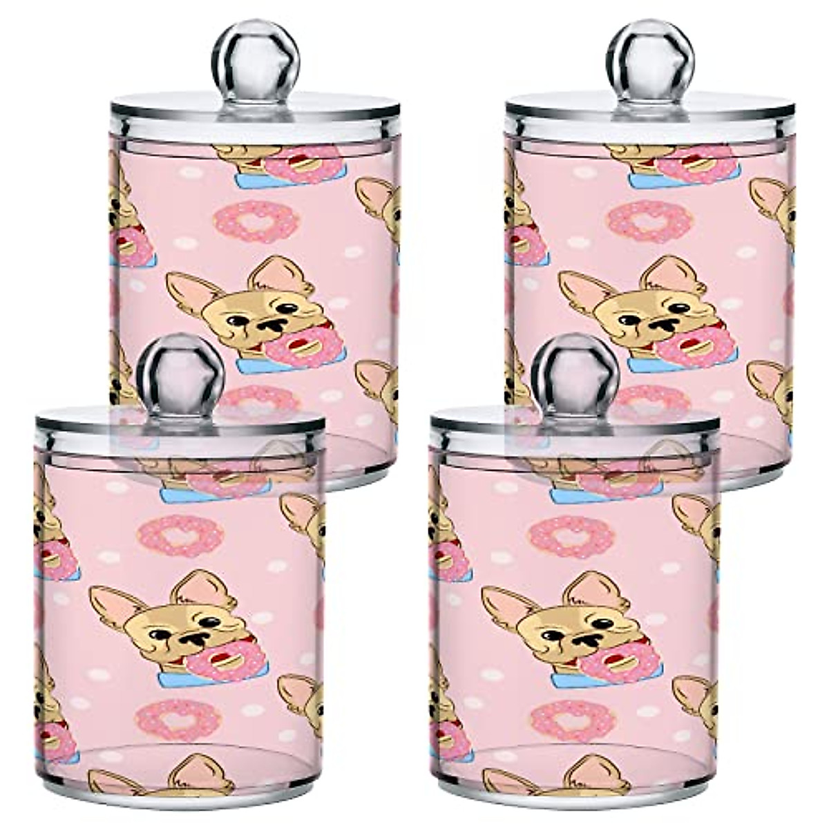ALAZA Pink French Bulldog Donuts 2 Pack Qtip Holder Dispenser 14 Oz Clear Plastic Apothecary Jar Containers Jars Bathroom for Cotton Swab, Ball, Pads, Floss, Vanity Makeup Organizer