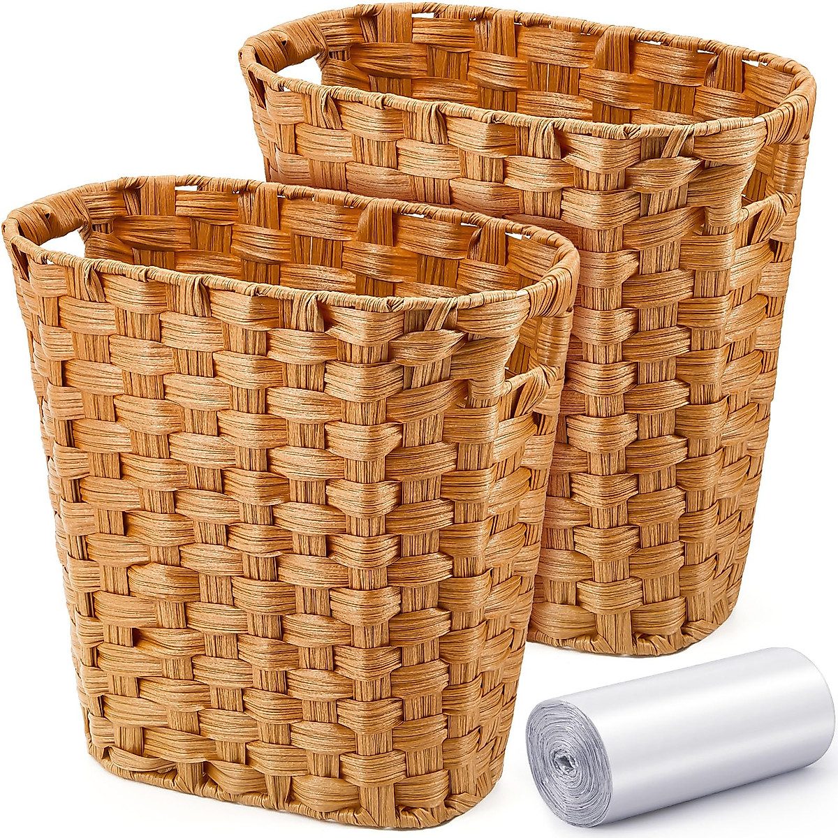 Ziliny 2 Pcs Wicker Trash Can with 50 Small Trash Bag Wicker Waste Woven Basket with Handles Clear Multi Use Garbage Bags for Bathroom Kitchen Bedroom