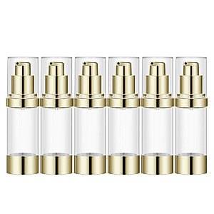 Lil Ray 1 Oz Refillable Airless Pump Bottle, Empty Travel Lotion Container, Plastic Cosmetic Dispenser for Liquid foundation, Lotion, Essential oil, Shampoo (6PCS,Light Gold)