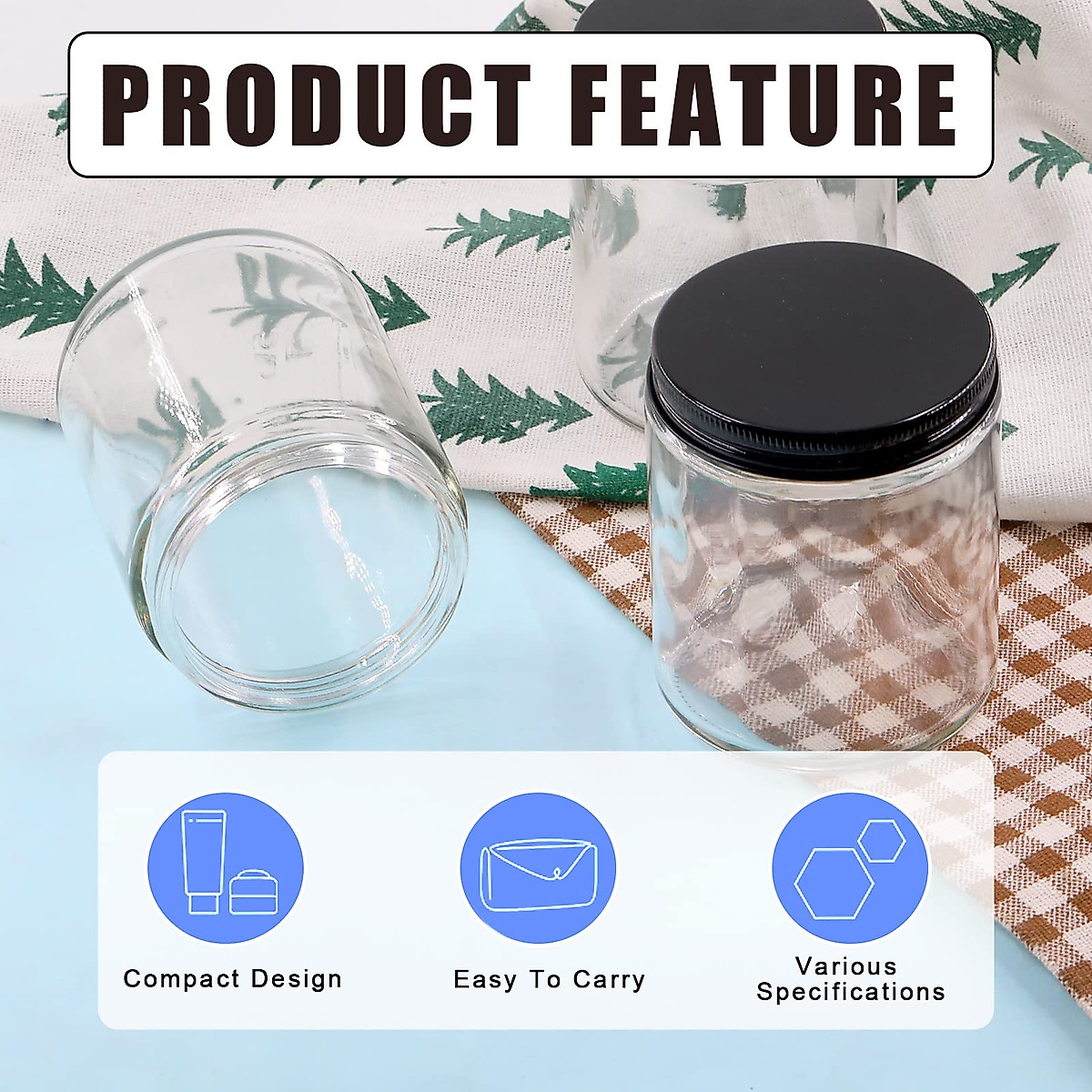 Glarks 8 Pack 8oz Glass Jars with Lids, Round Clear Glass Jars with Inner Liner and Black Lids for Storing Creams, Beauty Products, Cosmetic and Ointments