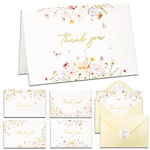 Crisky Floral 4 Assorted Thank You Cards (50 Pack) with Envelopes & Stickers Greeting Cards Bulk, Watercolor Delicate Wildflower for Birthday, Baby Shower, Wedding, Graduation