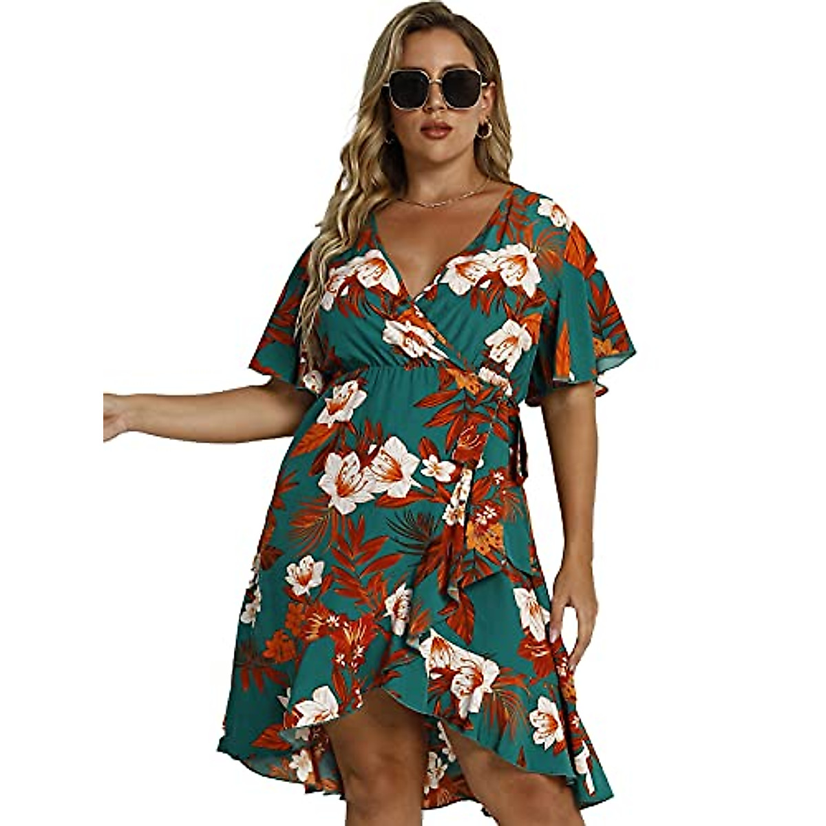 Floerns Women's Plus Size Striped Print Wrap V Neck Short Sleeve A Line Dress Green Multi 1XL