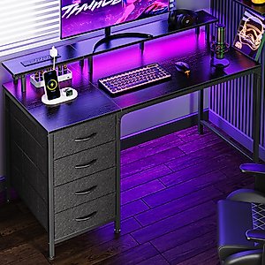 Huuger 47 Inch Computer Desk with Power Outlets and LED Lights, Gaming Desk with 4 Drawers, Office Desk with Monitor Stand, Study Desk Work Desk for Home Office, Small Spaces, Black
