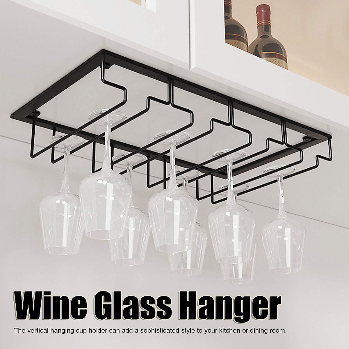 Wine Glass Rack Under Cabinet Stemware Wine Glass Holder Glasses Storage Hanger Metal Organizer for Bar Kitchen Cabinet (3 Slots Length 30cm Width 22.5cm Black)