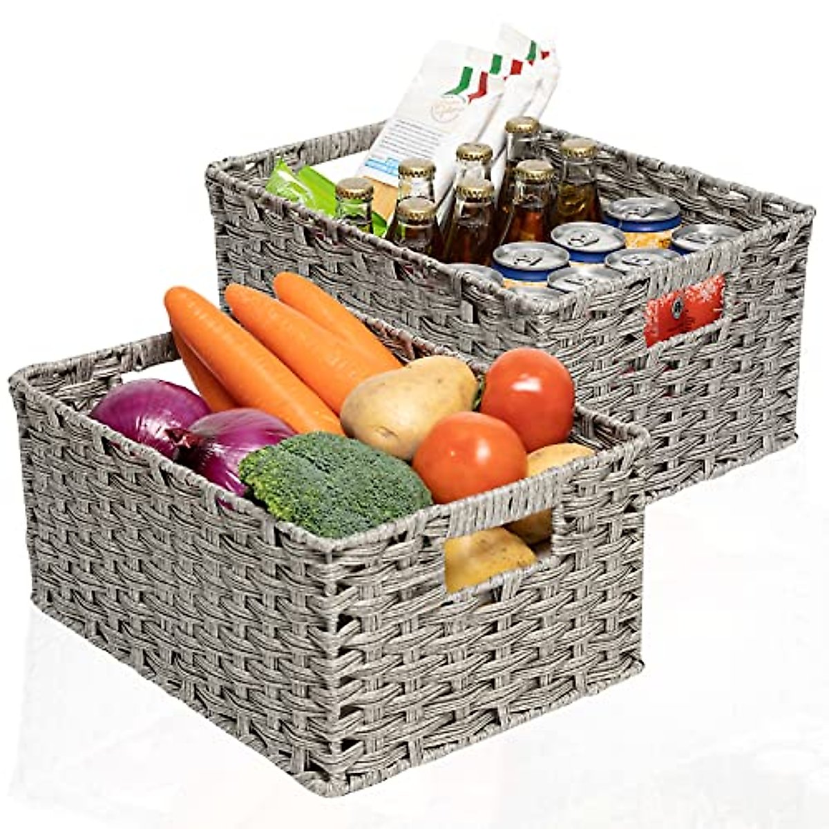 ROSOS Wicker Baskets 2 Pack, Wicker Storage Basket with Handles, Large Wicker Baskets for Storage, Waterproof Wicker Baskets for Organizing, Large Storage Baskets Wicker 15" and Medium 14", Grey