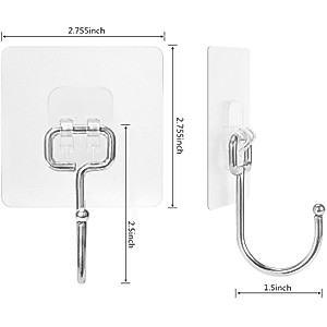 Large Adhesive Hooks 22Ib(Max),Waterproof and Rustproof Wall Hooks for Hanging Heavy Duty,Stainless Steel Towel and Coats Hooks to use Inside Kitchen Bathroom Home and Office 8 Pack (Transparent)