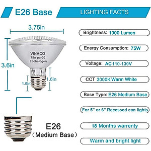 Vinaco Par30 Short Neck, 6pcs PAR30 75W 120V Light Bulbs, Dimmable. Premium Quality for Long Lasting Life, E26 Base, 3000K Warm White, par30 Flood Light Great for Accent Lighting, Tracking Light