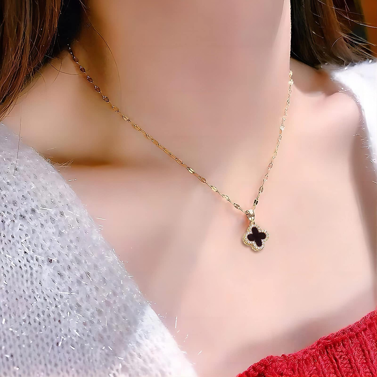 Fiklon Gold Clover Necklace For Women Lucky Black and White Leaf Clover Pendant Necklace Jewelry Double Side (Black White)