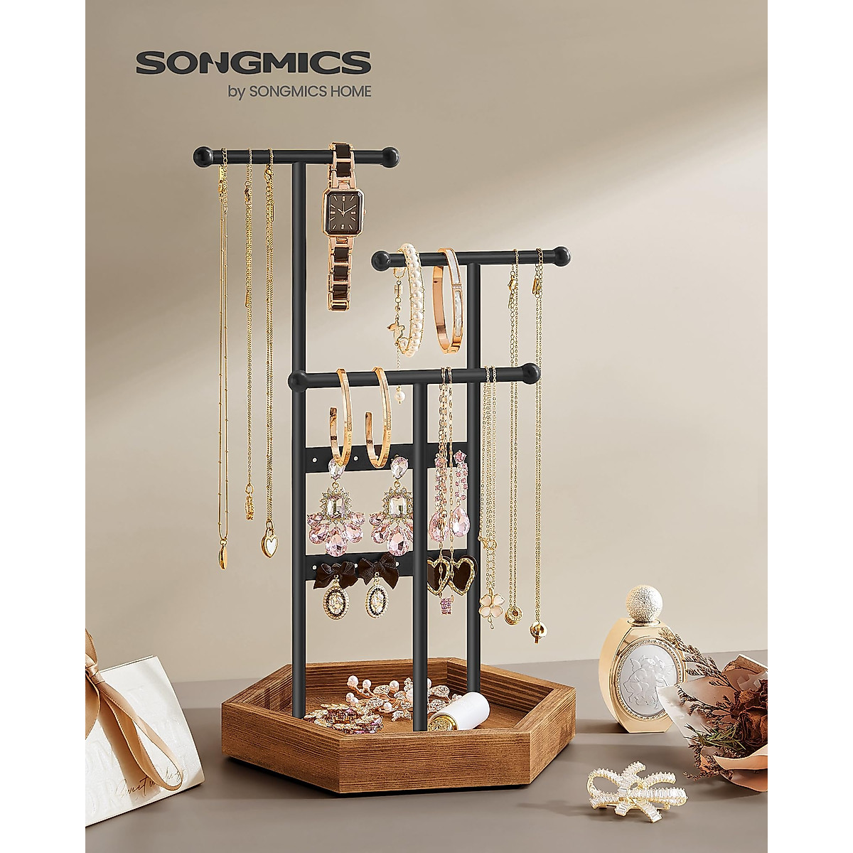 SONGMICS Jewelry Holder, Jewelry Organizer, 4 Independent Zones, Jewelry Display Stand with Metal Frame, Necklace Earring Bracelet Holder, for Rings, Black and Caramel Brown UJJS03CB