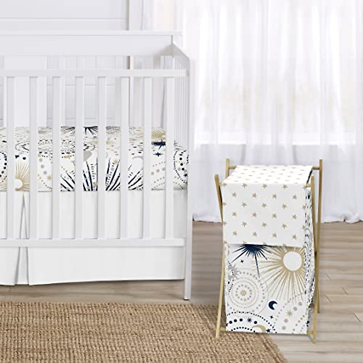 Sweet Jojo Designs Star and Moon Baby Kid Clothes Laundry Hamper - Navy Blue, Gold, and Grey Celestial Sky Stars Gender Neutral Unisex