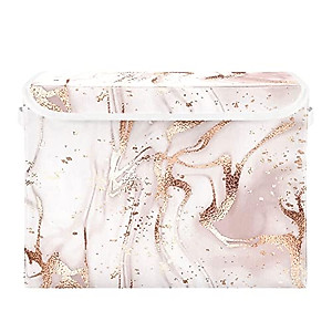 Kigai Storage Basket Rose Gold Abstract Marble Storage Boxes with Lids and Handle, Large Storage Cube Bin Collapsible for Shelves Closet Bedroom Living Room, 16.5x12.6x11.8 In