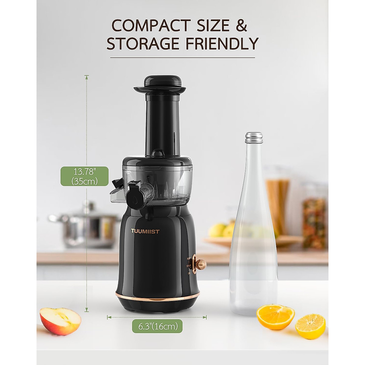 TUUMIIST Juicer Machines, Cold Press Juicer for Vegetable and Fruit with Upgraded Slow Juicing Technology, Powerful Motor and Reverse Function, Compact Size for Space-Saving Juicer, Black Gold