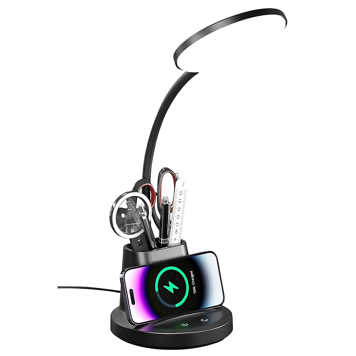 Vicsoon LED Desk Lamp with Wireless Charger, Desk Lamp for Home Office with Pen Phone Holder, Flexible Arm Dimmable 3 Color Modes Eye Caring Small Study Desk Light for College Dorm, 800 Lumens CRI 90