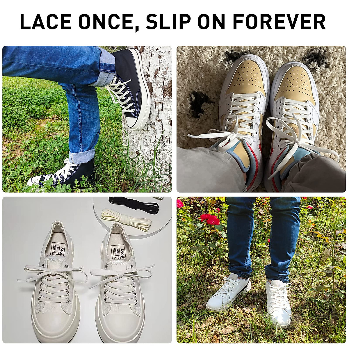 UamGlsob 2 Pairs 5/16" Wide Elastic Shoe Laces Replacement Laces for Converse High Tops Sneakers, Stretch Flat Shoelaces Shoe Strings for Vans High Tops Skate Shoes (03-White, 54'')