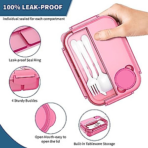 Bento Box, Lunch Box Kids, Bento Lunch Box for Kids/Toddler/Adults, 1300ML-4 Compartment Bento Box Adult Lunch Box w/Food Picks Cake Cups, Built-in Utensil Set, Leak-Proof, Food-Safe Materials(Pink)