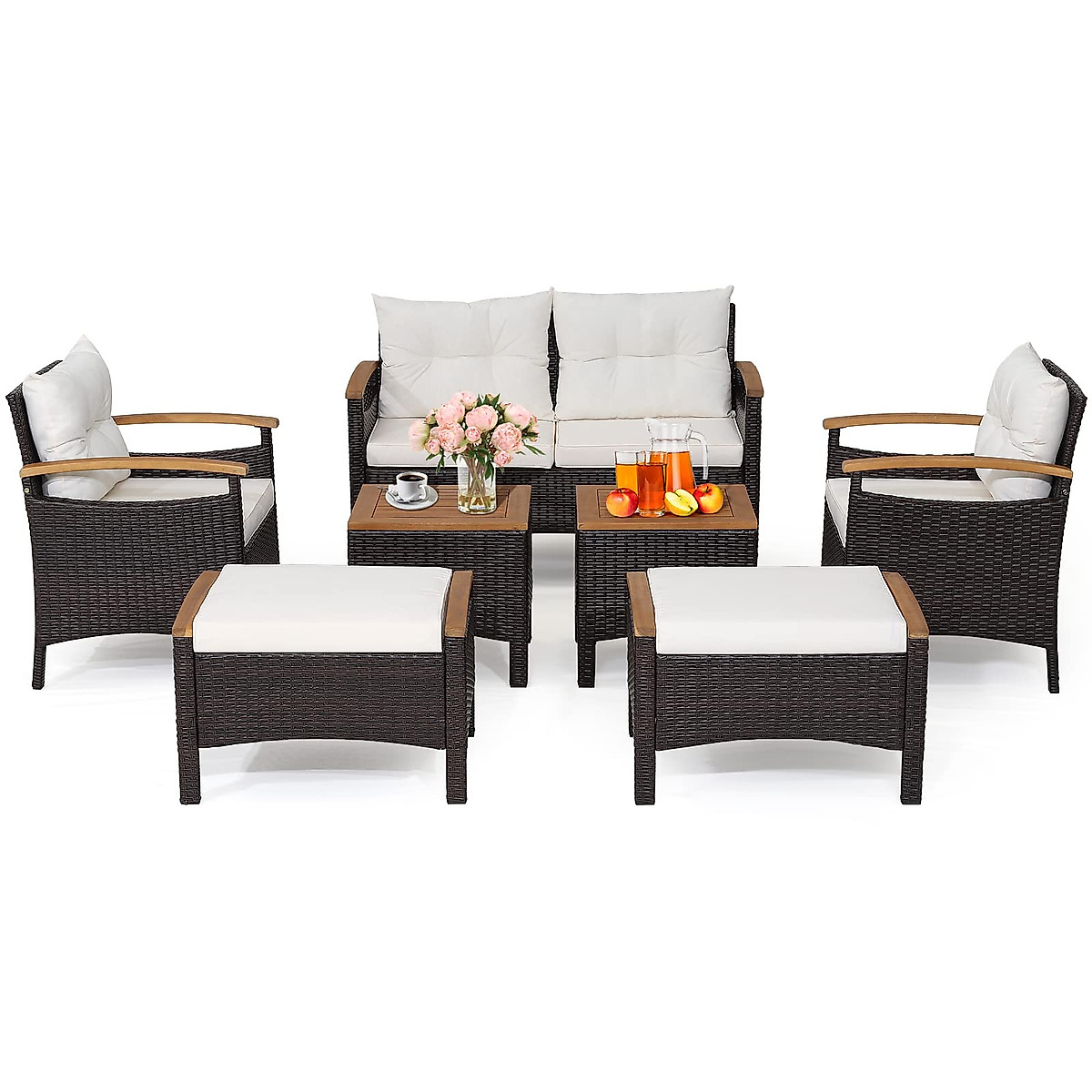 Tangkula 7 Pieces Patio Rattan Sofa Set, Outdoor Wicker Conversation Set w/Seat & Back Cushions, 2 Ottomans & 2 Coffee Tables, Acacia Wood Tabletop & Armrests, Wicker Sofa Set for Backyard, Poolside