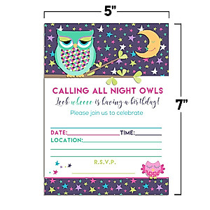 Night Owl Slumber Birthday Party Themed Party Invitations, 20 5x7 Fill In Cards with Twenty White Envelopes by AmandaCreation