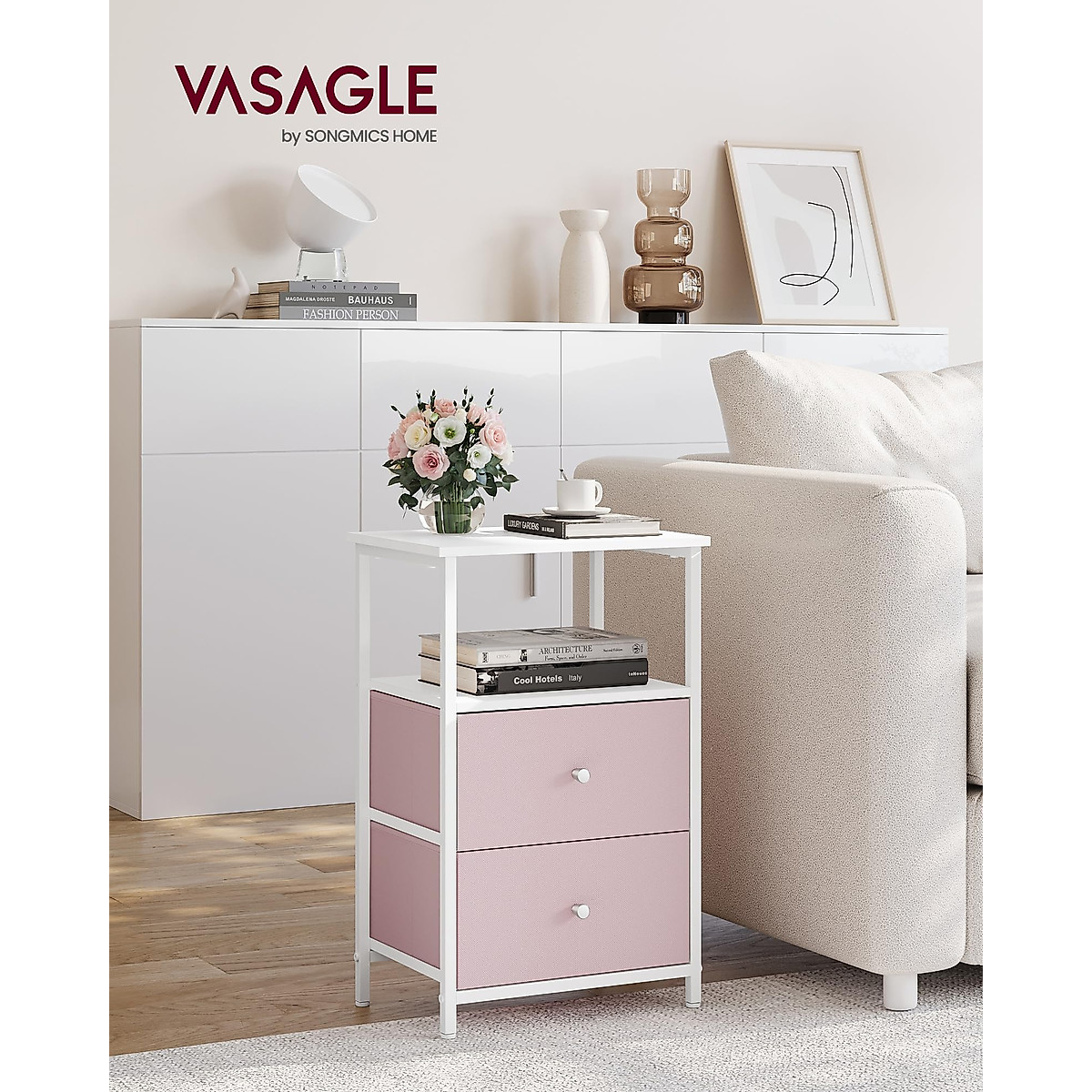 VASAGLE Nightstand, Side Table with 2 Fabric Drawers, 24-Inch Tall End Table with Storage Shelf, Bedroom, Jelly Pink and White ULGS025R05