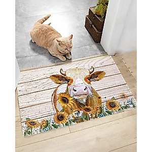 Fluffy Bath Rug Cow Sunflower Farm Flowers Animals Plank,Non Slip Shag Carpet Soft Floor Door Mat Pastoral Country Farmhouse,Absorbent Entrance Rugs for Kitchen Bathroom Living Room 24x35in